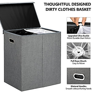 MaxGear Double Laundry Hamper with Lid and 2 Removable Bags, 130L Divided Laundry Basket Laundry Sorter 2 Section & Dual Handles, Large Collapsible Dirty Clothes Basket for Bedroom, Laundry Room, Gray