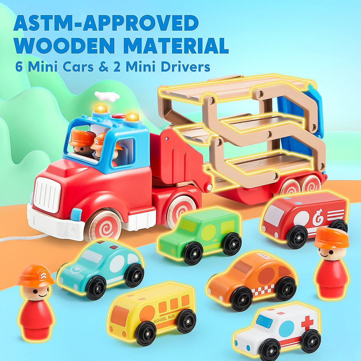 JOYIN Wooden Carrier Truck for Boys - 9 in 1 Foldable Track Carrier Truck Set, 1 Transport Toy Truck with 6 Wooden Cars, 2 Action Figures, 3 Layer Transformable Carriage Set, Toy Cars for Toddlers