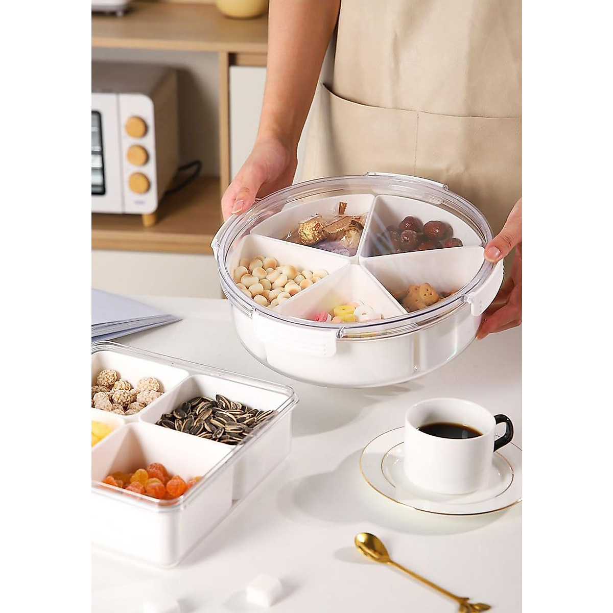 Lumista Divided Serving Tray with Lid, 5 Compartment Food Storage Containers, Picnic Serving tray for Home, Kitchen, Work and School