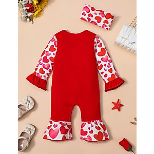 Valentines Baby Girl Outfit, 0-3 Months My First Valentines Day Baby Girl Outfit Letter Printed Long Sleeve Romper Ruffle Jumpsuits with Headband 2Pcs Set
