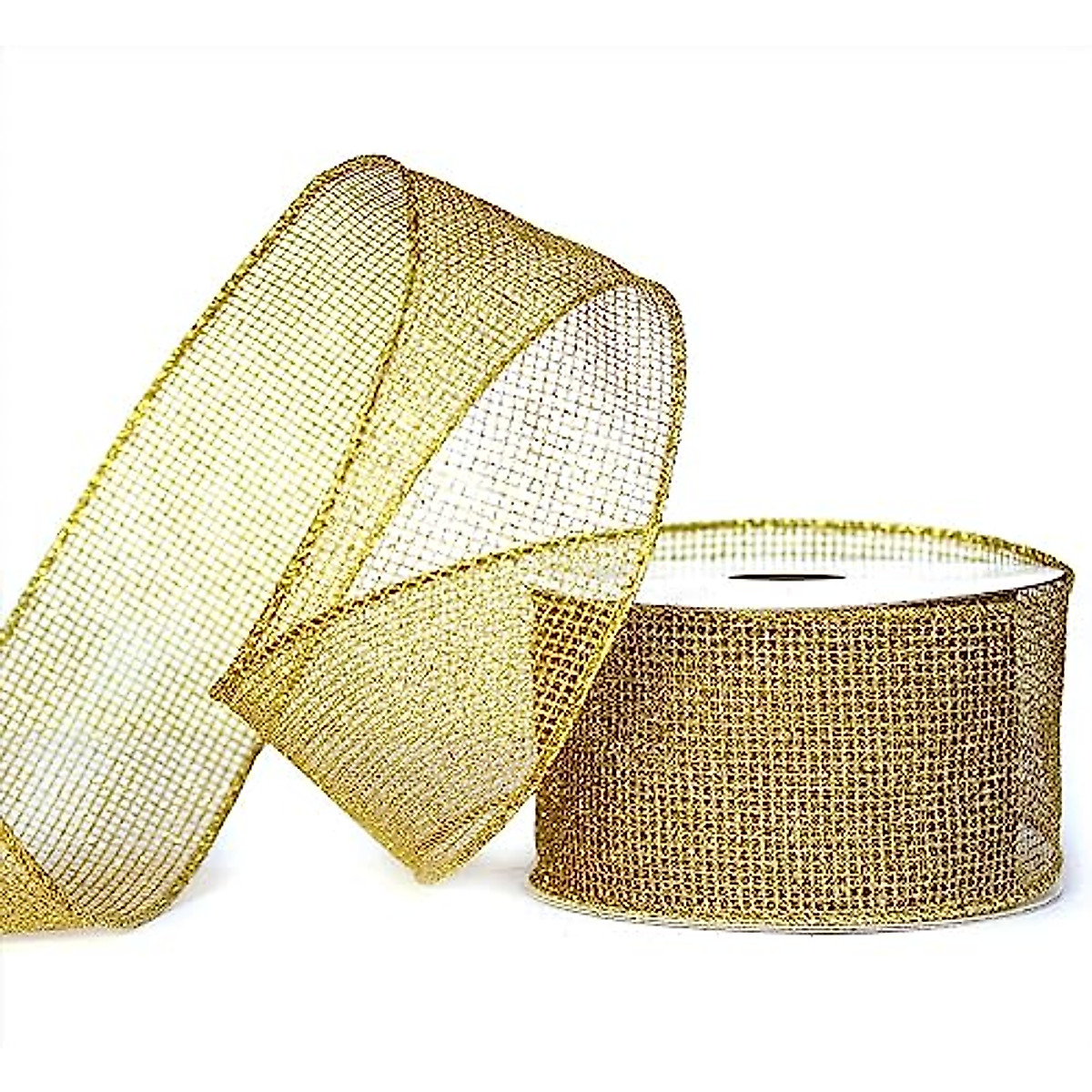 Gold Ribbon Wired Christmas Tree Ribbon 2.5 Inch Xmas Ribbons 6 Rolls 36 Yards Burlap Organza Sheer Mesh Metallic Glitter Crafts Decorating Gift Wrapping Bows Gift Wrap Bow Tree Topper Wreath