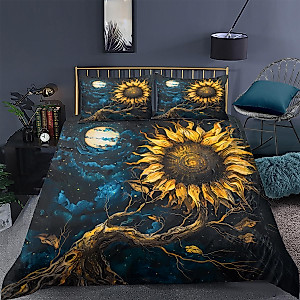 CCoutueChen Moon Sunflower Duvet Cover Set King Size Abstract Yellow Flower Comforter Bedding Set Unique Plant Duvet Covers for Girls Women Adults Aesthetic Floral Duvet Cover with 2 Pillowcases