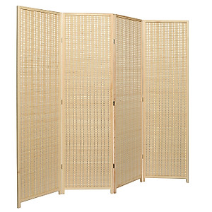 Decorative Freestanding Beige Woven Bamboo 4 Panel Hinged Privacy Screen Portable Folding Room Divider