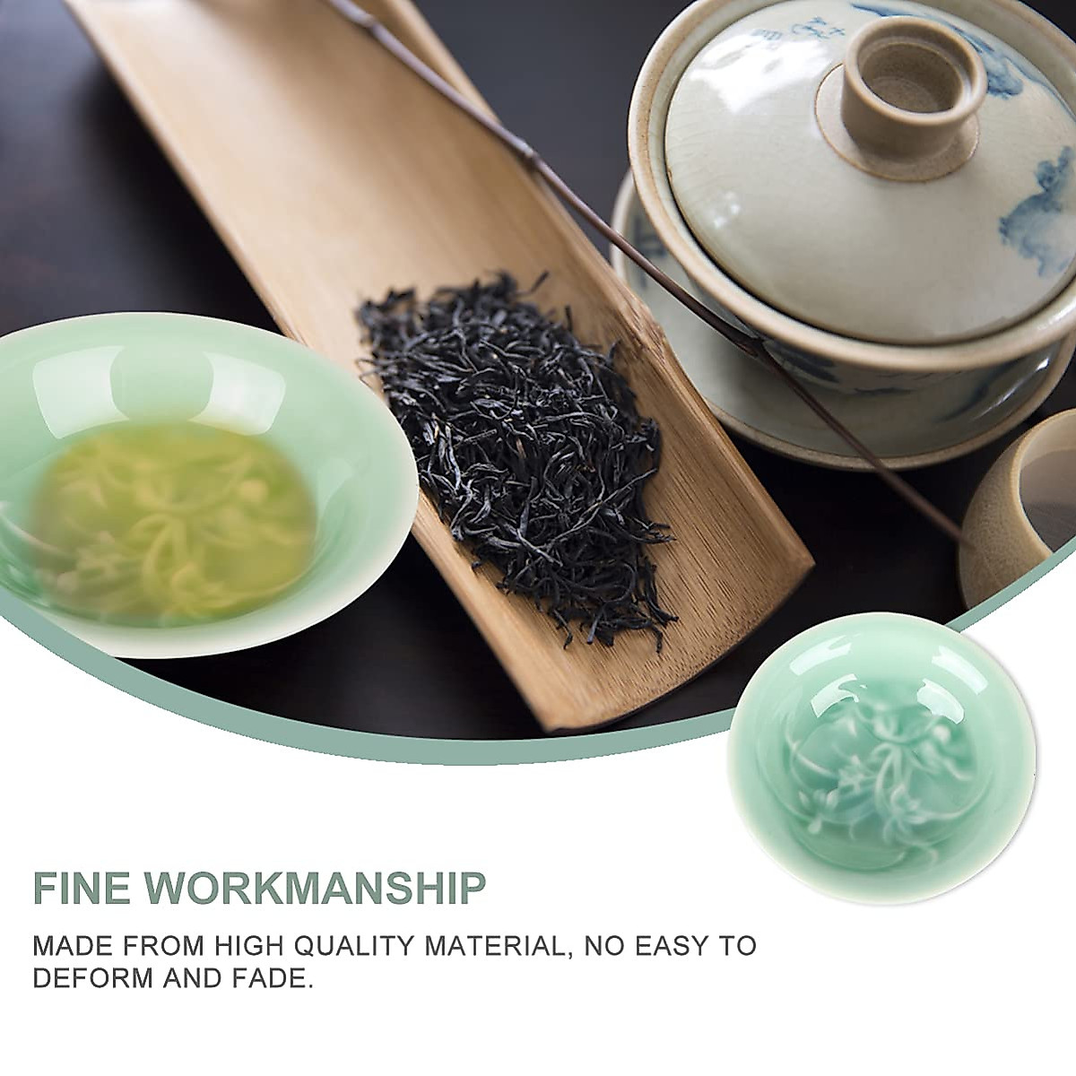 DOITOOL Chinese Sake cup Ceramic Sake Tea Cup Cyan Clay Creative Embossed Celadon Tea Cup Porcelain Bowl, Color Change, Plant Pattern Tableware Wide Mouth Tea Bowl(Random Embossed Pattern)