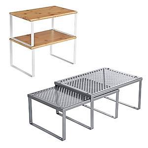 SONGMICS Bamboo Shelf Organizers and Metal Shelf Organizers Bundle, Stackable, Expandable Kitchen Shelves, Silver, Natural and White UKCS01SV and UKCS02NW