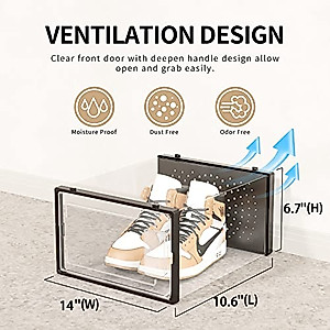 BVBOX Large Shoe Boxes Clear Plastic Stackable, 12 Pack Shoe Storage Boxes With Magnetic Door， Ventilation Design Drop Front Shoe Box, Dust-Proof Shoe Organizer