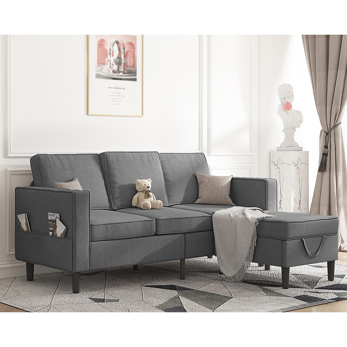 Mjkone Convertible Sectional Sofa Couch, 3-Seat L-Shaped Sofa with Storage Ottoman, Wooden Couch Legs Modern Linen Fabric Reversible Chaise for Living Room, Studio, Apartment- Deep Grey