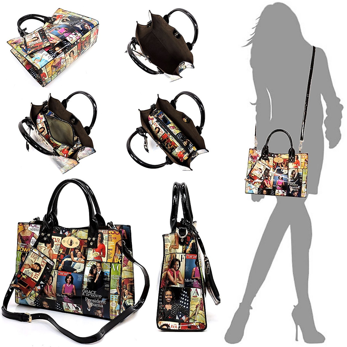 Glossy magazine cover collage crossbody bag purses Michelle Obama mini handbag 3pcs set (MULTI/RED)