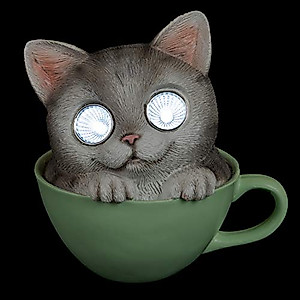 Cat Figurines | Solar LED Outdoor Garden Decorations | Cat Statue Decor | Cat Stuff for Cat Lovers | Light Up Decorative Statue Accents Yard, Patio, Lawn, Deck (Gray, 1 Pack)