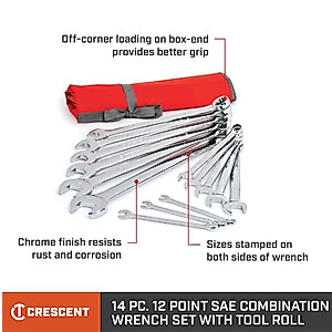 Crescent 14 Piece 12 Point SAE Combination Wrench Set with Tool Roll - CCWS4