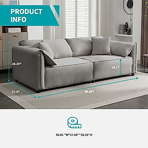 BALUS 97" Large Sofa Couch, 4-Seater Couches with Foldable Armrests& 2 Throw Pillow, Modern Linen Fabric Upholstered Sofas, 32" Deep Seat Comfort Sofa for Living Room -Light Grey