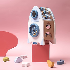 Smartwo Wooden Space Toy for Baby 1 Year Old, Montessori Toy for Babies 12-18 Months, Toddler Rocket Toy Age 1-3, Sensory Activity Cube Learning Toy, 1st Birthday Gift for Boys and Girls