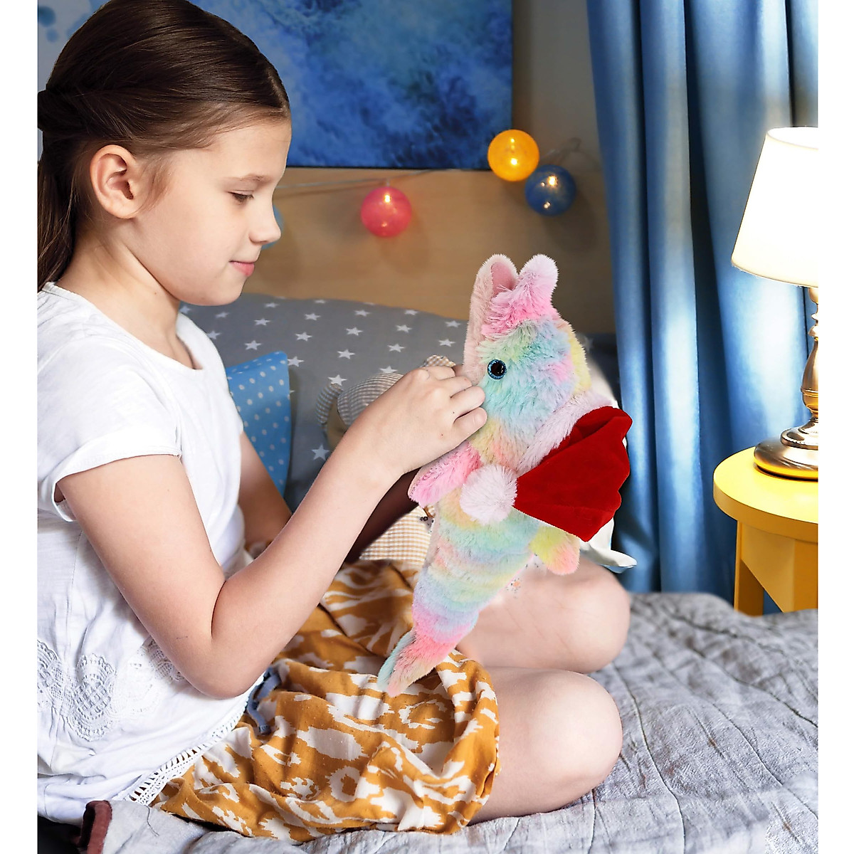 DolliBu Santa Rainbow Dolphin Stuffed Animal Plush Toy - Super Soft Wild Animal Dress Up with Red Santa Claus Hat, Wildlife Gift, Perfect Holiday with Name Personalization - 14 Inches