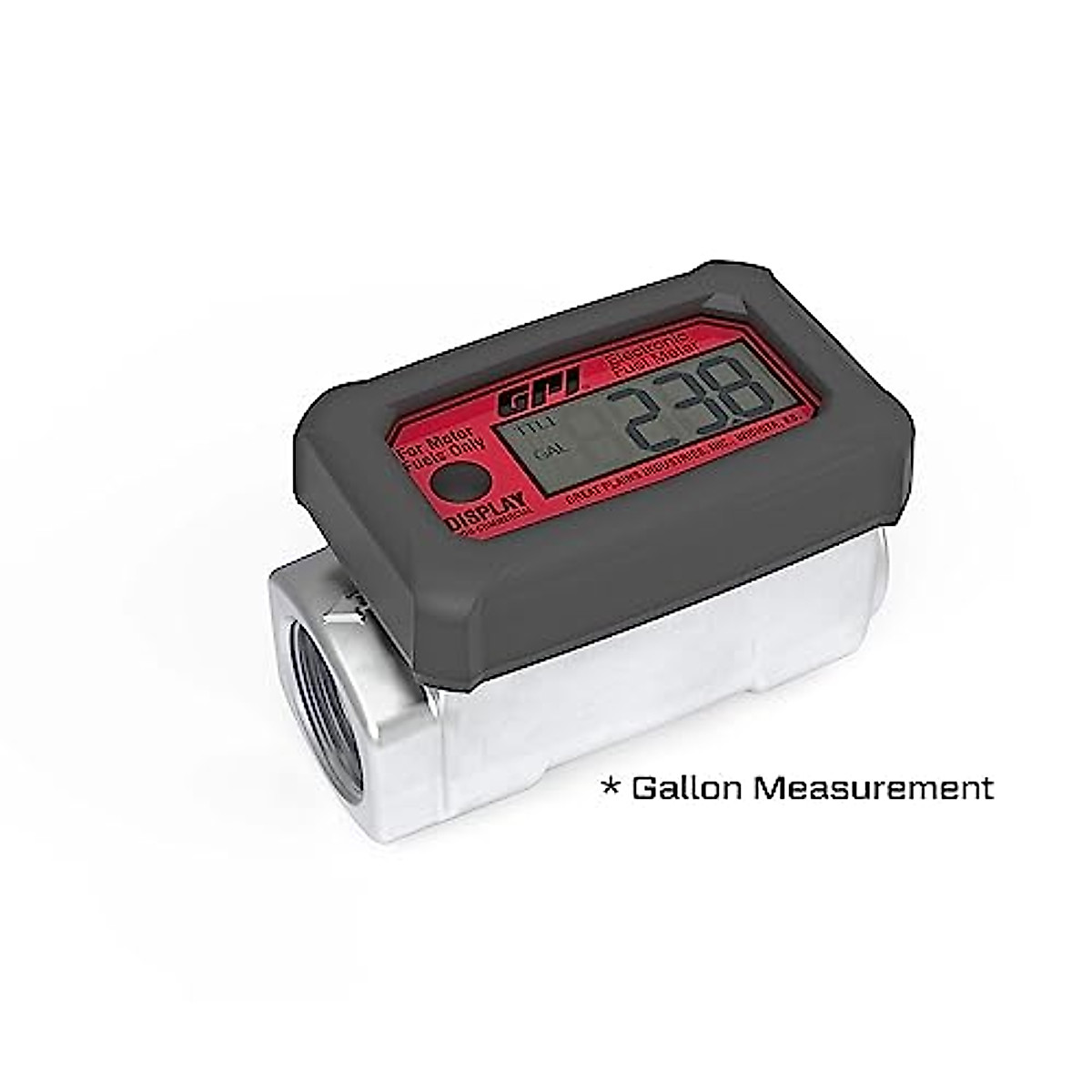 GPI 113255-1, (GALLONS) 01A31GM Aluminum Turbine Fuel Flowmeter with Digital LCD Display, 3-30 GPM, 1-Inch FNPT Inlet/Outlet, 0.75-Inch Reducer Bushings, ±5% Accuracy