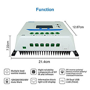 EPEVER Solar Charge Controller 60A 12V/24V/36V/48V Auto with USB Output Light and Time Control LCD Display for Solar Panel Power System (60A, VS6048AU)