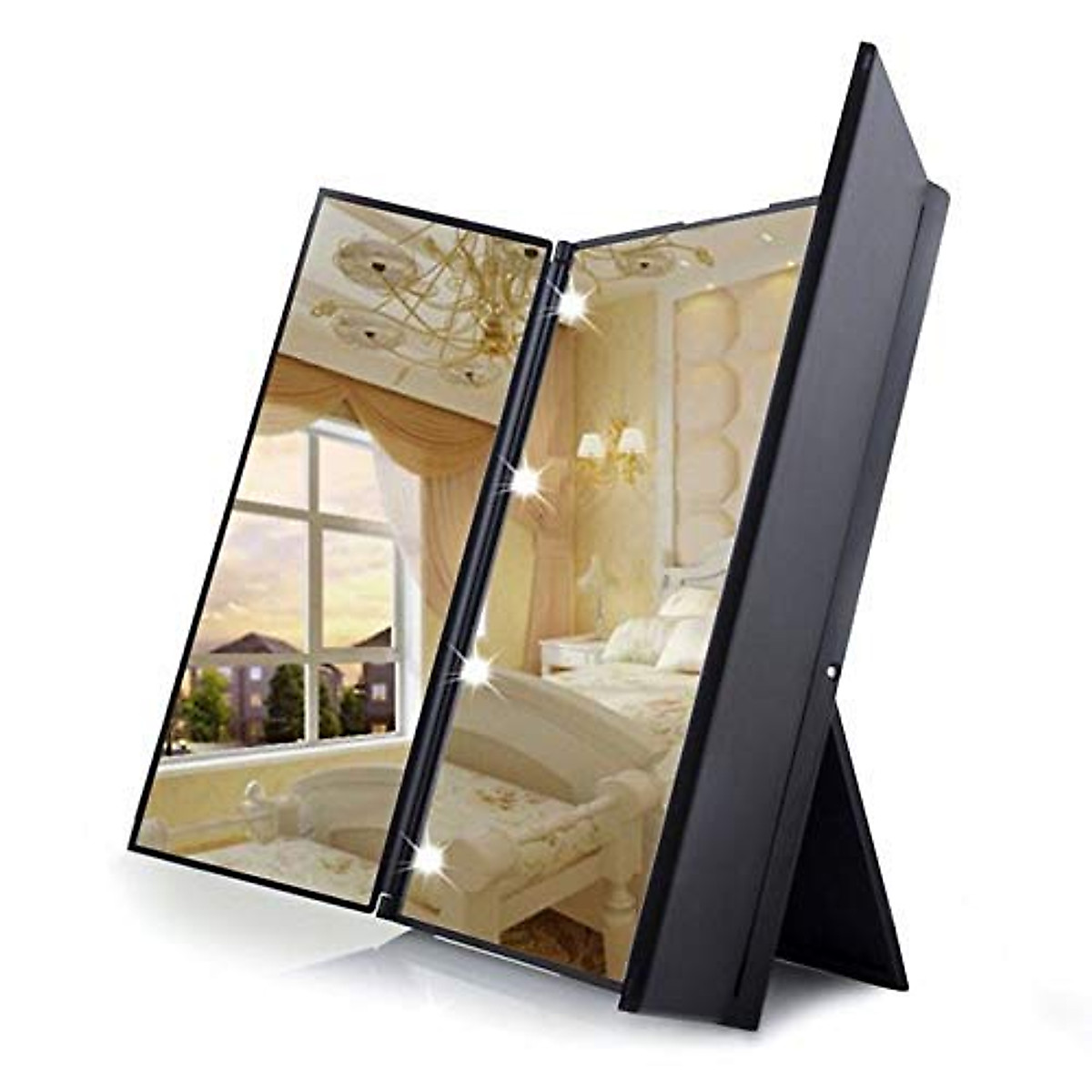 KXA Tri-Fold Vanity Mirror, 8 LED Lighted with Touch Screen 1X Magnification and USB Charging Adjustable Brightness and Stand for Makeup