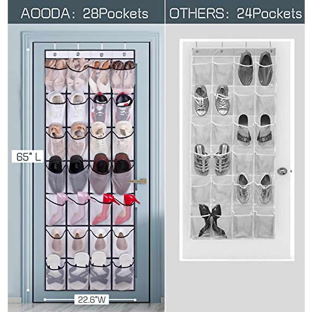 AOODA 28 Large Mesh Pockets Over The Door Shoe Organizer Hanging, 2 Tier Metal Long Shoe Rack for Closet Wide Low Shoe Shelf, 2 Item Bundle