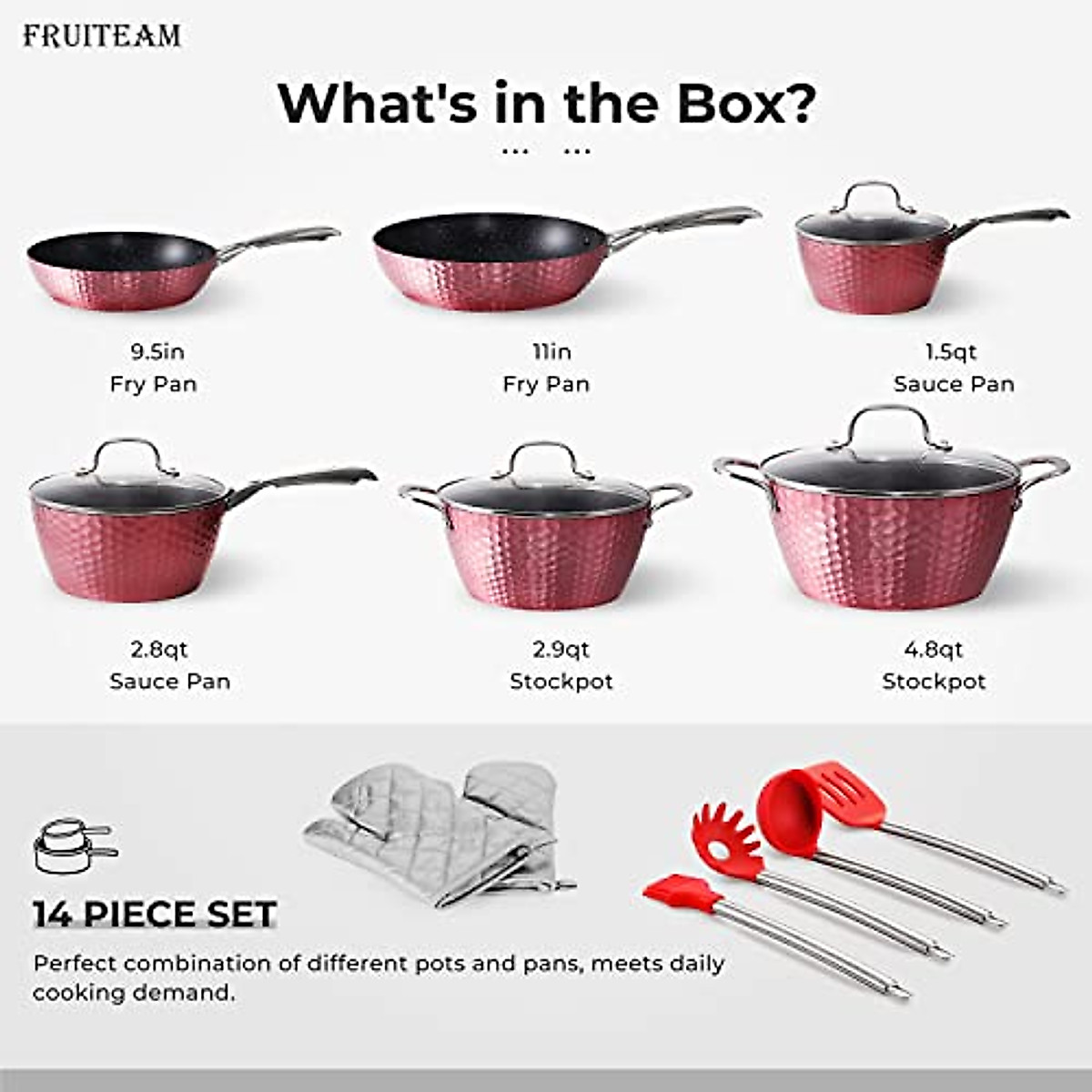 FRUITEAM Hammered Cookware 16-Piece Home Kitchen Ware Pots Pan Set with Non-stick Coating, Aluminum Induction Cooking Pots, Includes Fry Pans, Saucepans, Stock Pots, Rose