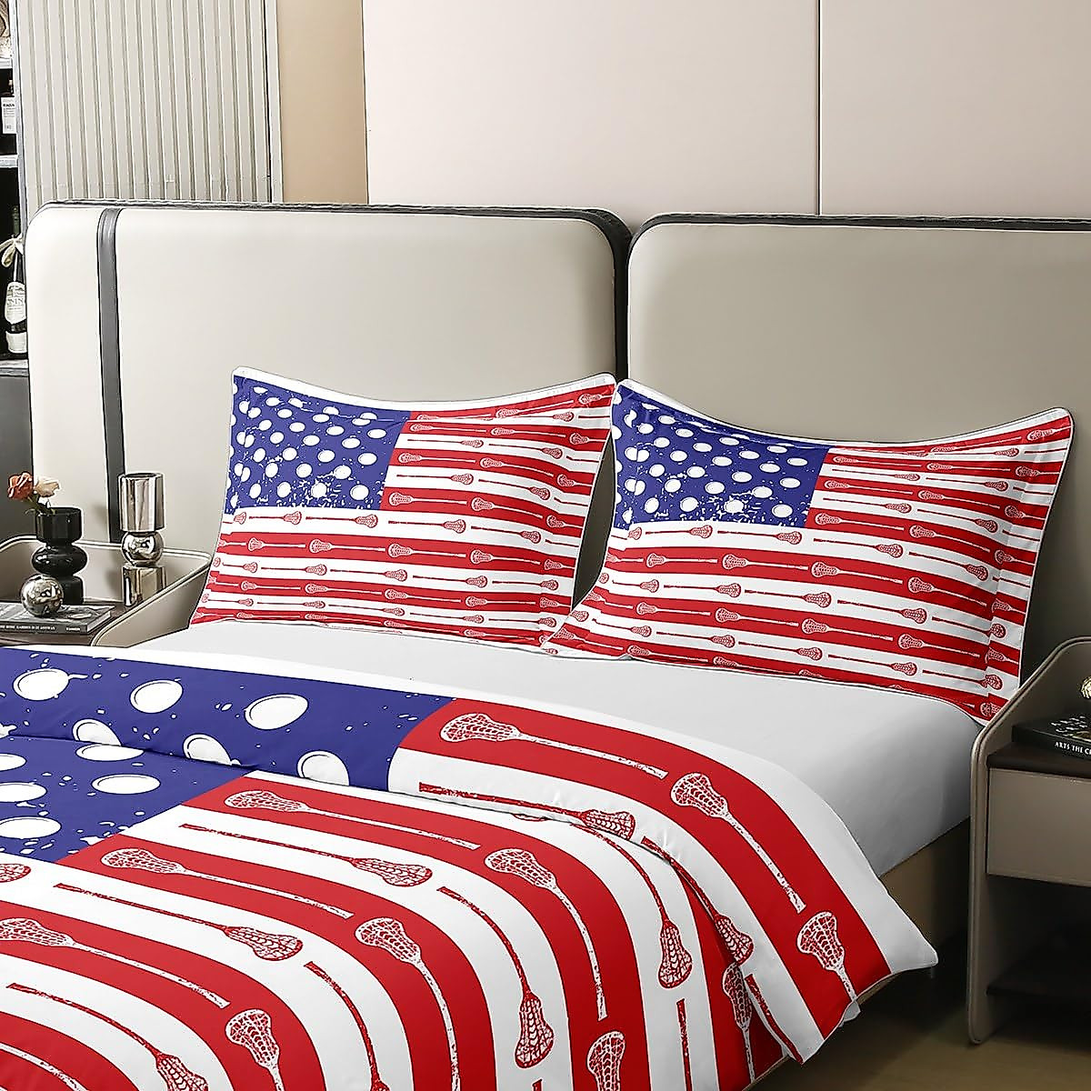 100% Nature Cotton Boys Sports Theme Duvet Cover,Hand Draw Lacrosse Sticks Ball Bedding Set for Beedroom Decor,Retro American Flag Blue Red White All Season Bedding with Zipper Closure Queen Size