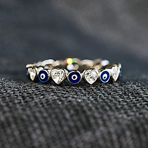 Story Jewellery Silver Plated Cubic Zirconia Evil Eye Promise Rings for Women, Heart & Evil Eye Ring Band Lucky Protection Jewelry Gifts, Birthday Christmas Valentines Gifts for Women (Plated 07)