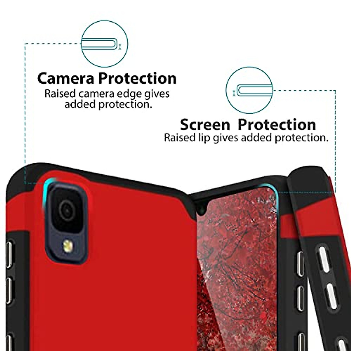 TJS for Alcatel TCL 30 Z T602DL Case, TCL 30 LE Case, with Tempered Glass Screen Protector, Dual Layer Hybrid Shockproof Drop Protection Impact Phone Case Cover for TCL 30Z / TCL 30LE (Red)