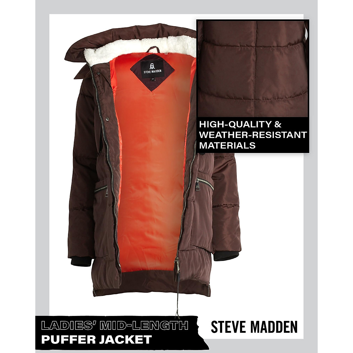 Steve Madden Women's Long Parka - Insulated Quilted Puffer Winter Coat for Women with Faux Sherpa Hood (Sizes: S-XL), Size Medium, Brown