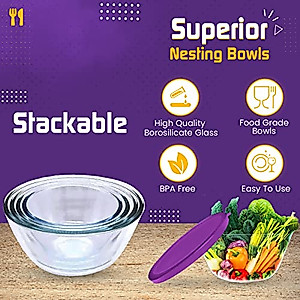 TIBLEN [4-Pack] Glass Mixing Bowl Set, Stackable Nesting Bowls, Food Storage and Meal Prep Containers with Lids, Kitchen, Home, Safe for Microwave, Freezer, BPA Free