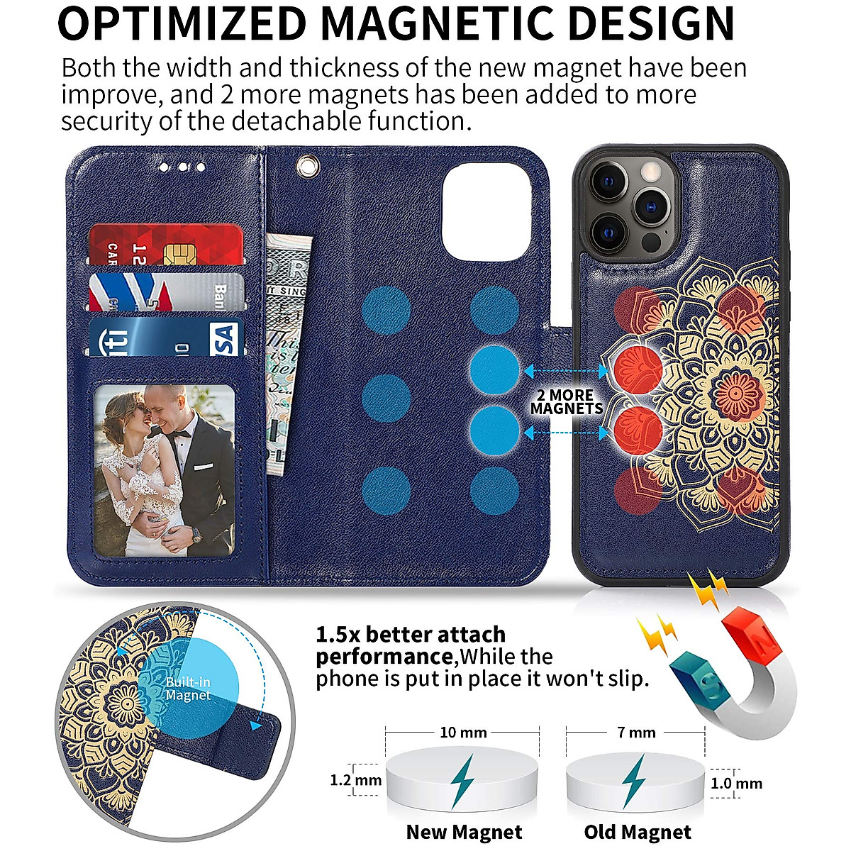 CASEOWL iPhone 12 Pro Max Case Wallet Magnetic Detachable [Support Magnetic Car Mount] with Card Holder,Hand Strap,Embossed Mandala Pattern Leather Lanyard Wallet Case[Navy Blue]