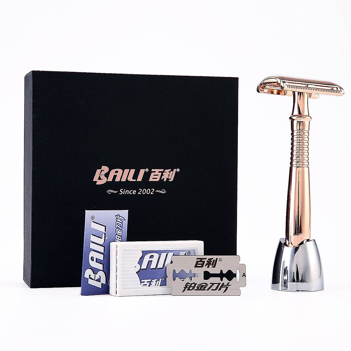 BAILI 3-Piece Double Edge Safety Razor Long Handle Wet Shaving for Men Women with 5 Platinum Blades and Stand Rose Gold BD193G