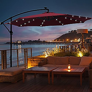 SUNLAX Solar Offset Umbrella, 10ft Cantilever Hanging Burgundy Umbrella with 32 LED Lights Market Deck Patio Umbrellas Cross Base Included