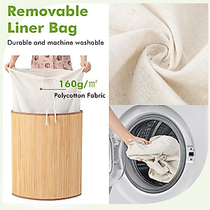 Giantex Corner Laundry Hamper with Lid, 58 L Bamboo Laundry Basket with Removable Liner & Handle, Triangle Clothes Hamper for Small Spaces, Bedroom, Bathroom, Laundry & Living Room (Natural)