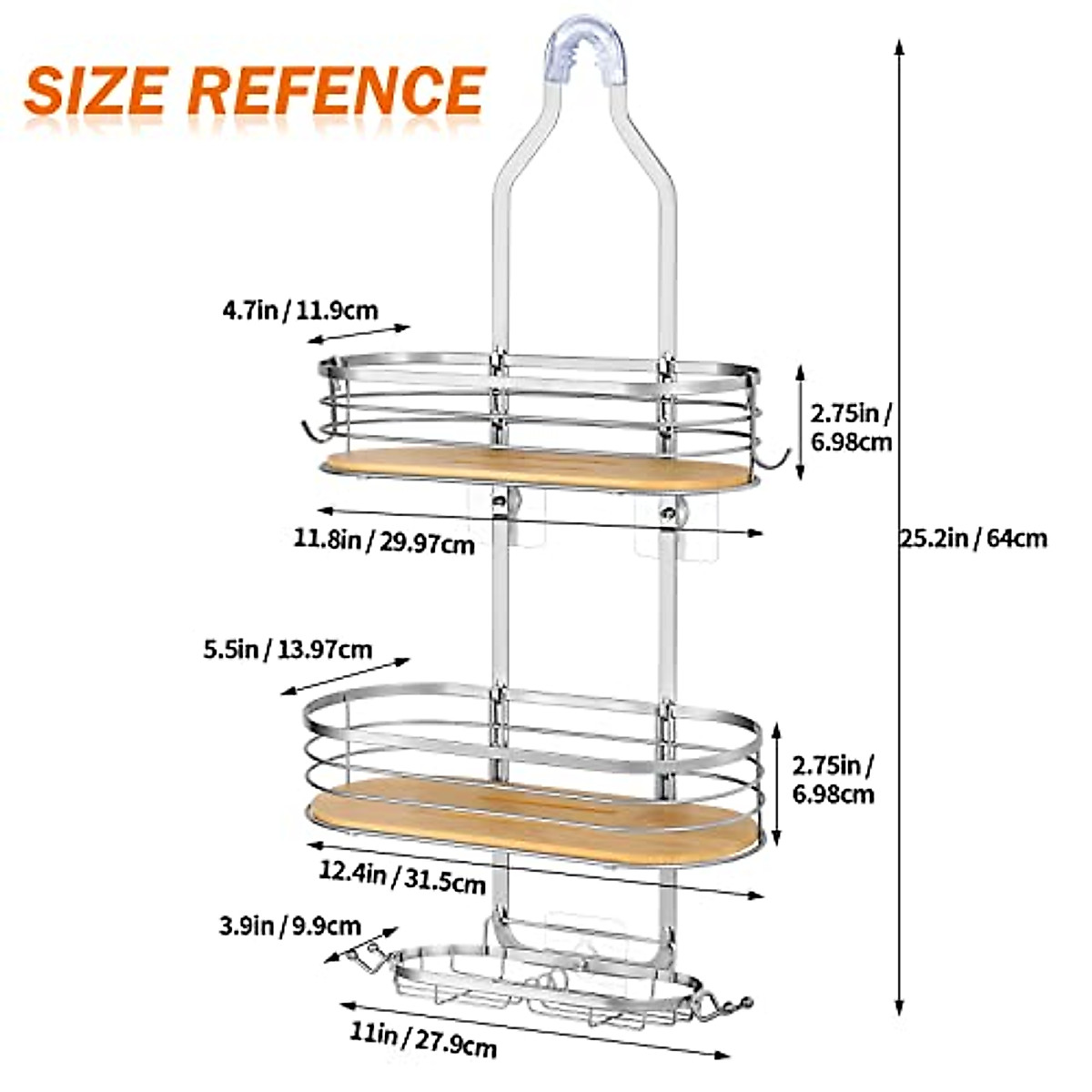 Hanging Shower Caddy, Stainless Steel Bathroom Hanging Shower Organizer Rack Basket, Rustproof Bamboo Basket with Hooks for Towels, Soap, Shampoo, shower accessories, Silver