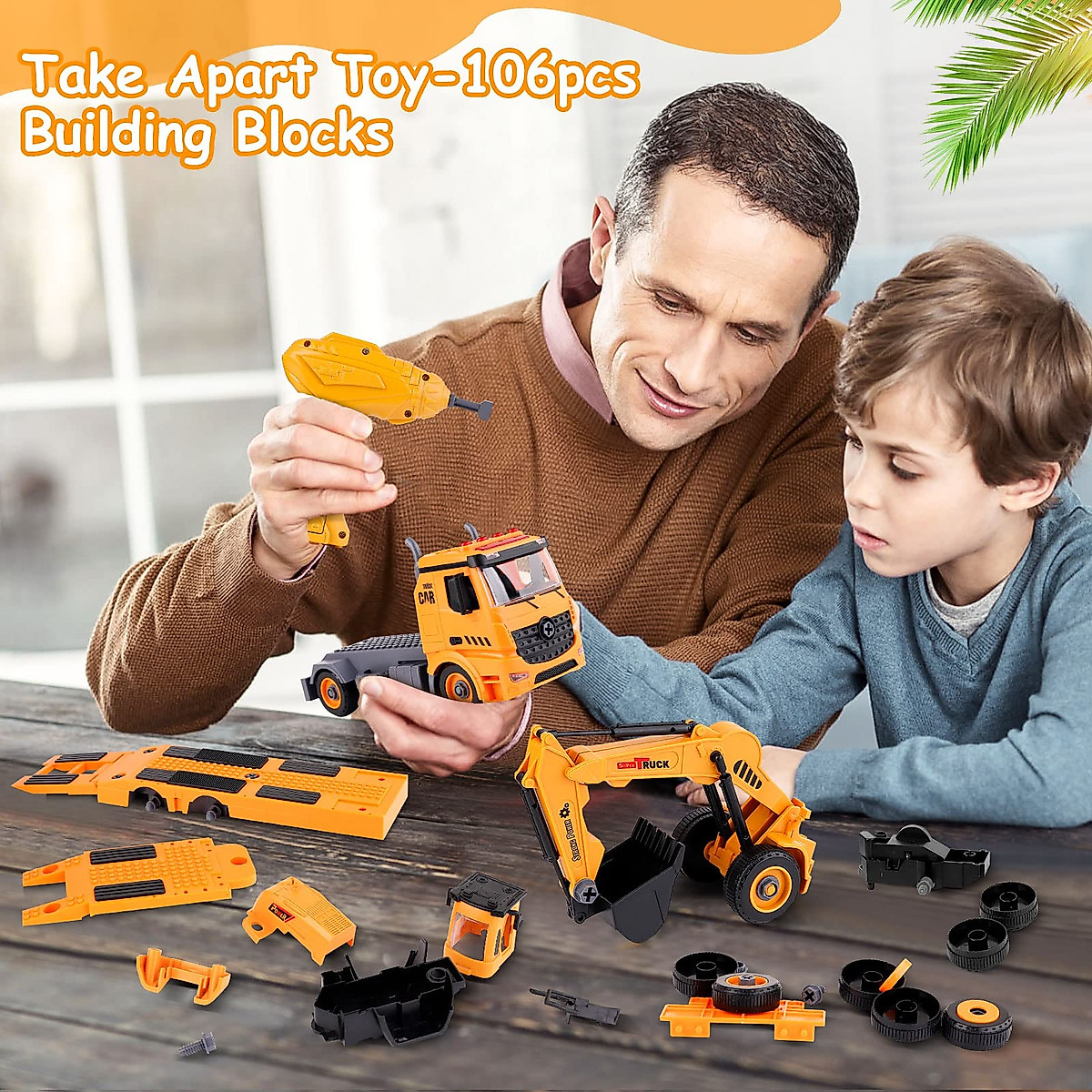 106 PCS Take Apart Trailer Truck & Excavator Toy Set with Electric Drill for 3-7 Year Old Boys and Girls - Friction Power Building Toy Truck Gift for Kids