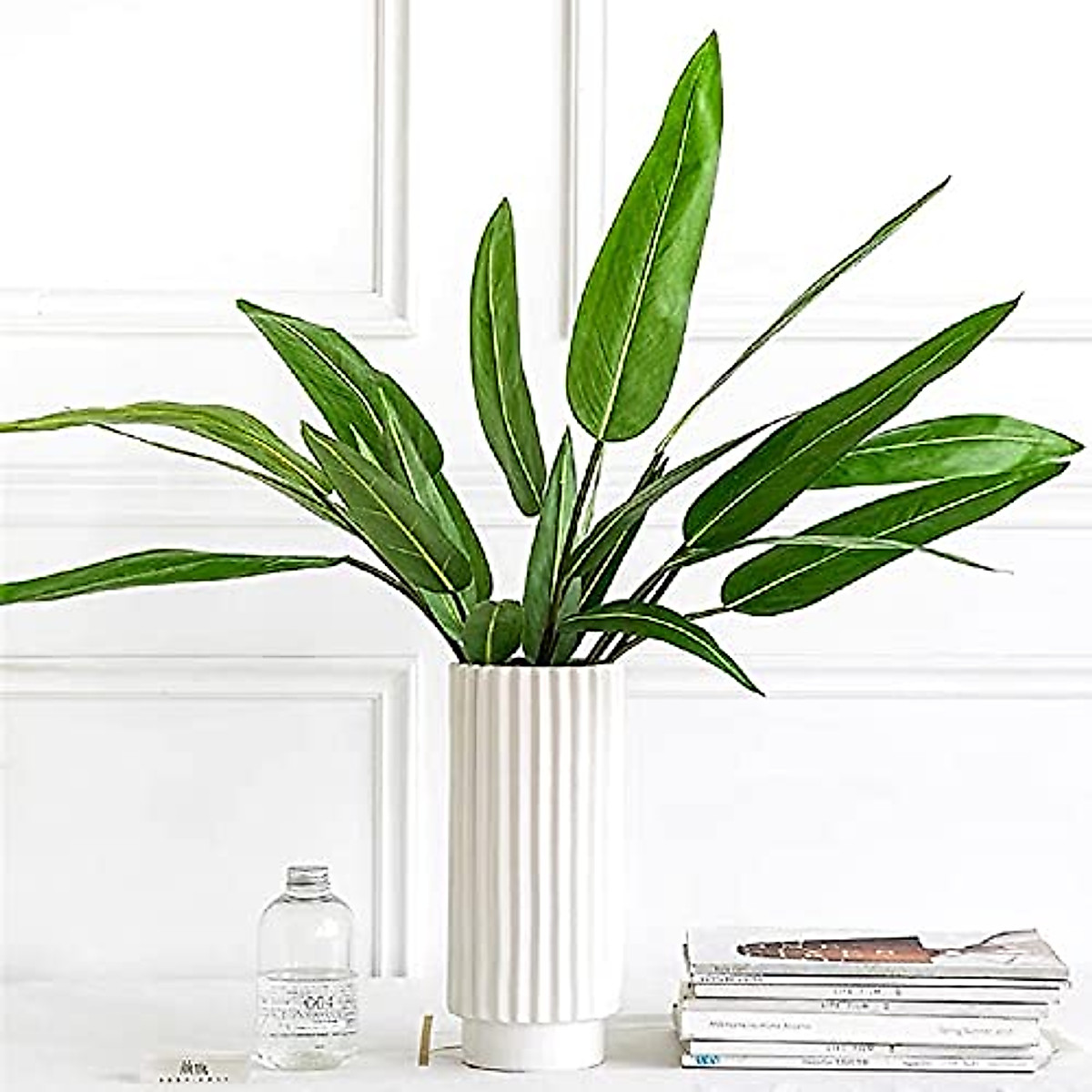 Artificial Tropical Palm Leaf Bush Greenery Plastic Faux Bird of Paradise Fake Eva Curcuma Plant Bundle with 7 Leaves for Home Garden Office Store Decoration (Green - Pack of 2 pcs)