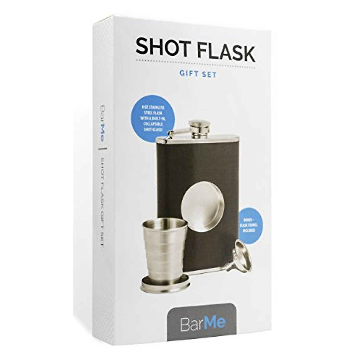 Shot Flask - Stainless Steel 8 oz Hip Flask, Built-in Collapsible 2 Oz. Shot Glass & Flask Funnel - BarMe Brand