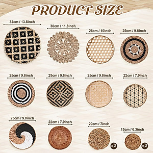 Set of 14 Boho Wall Basket Decor Round Flat Bamboo Rattan Basket Decorative Hanging Woven Basket with Macrame Tassels Handmade Wall Tapestry for Bedroom Living Room Kitchen Farmhouse Crafts