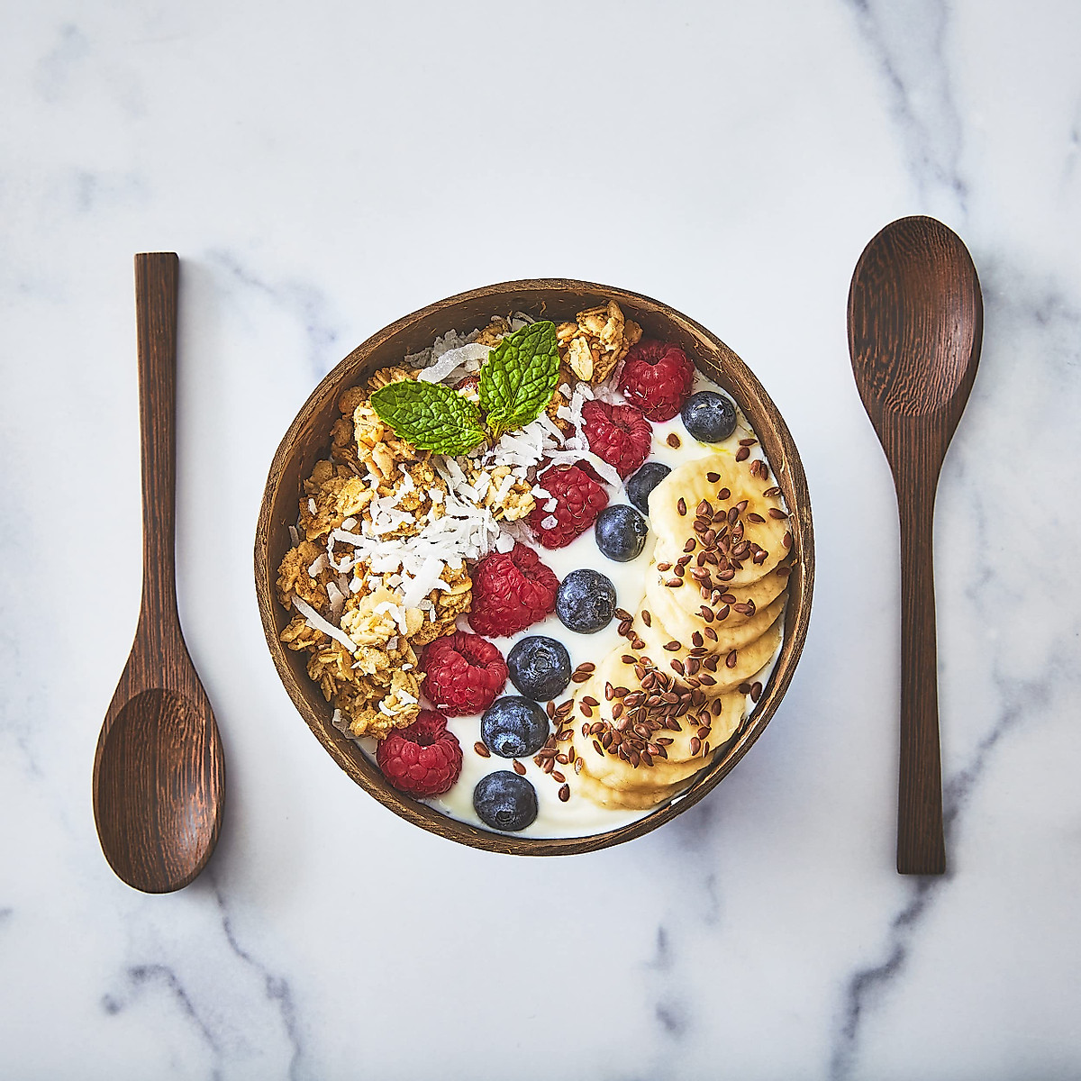 Coconut Bowls and Coconut Spoons Gift Set (Set of 4 Coconut Bowls + 4 Wooden Spoons) - 100% Natural - Vegan - Hand Made - Eco Friendly - Made from Reclaimed Coconut Shells - Bowls For Eating