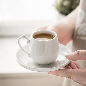 LYEOBOH Espresso Cups with Saucers Set, 3 Ounces Coffee Cups with Metal Stand and Spoons, Ceramic Cappuccino Coffee Cups Demitasse Cups for Espresso, Latte, Cafe Mocha and Tea, Set of 6, White