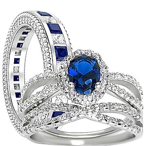LaRaso & Co His Hers Sterling Blue Sapphire CZ Bridal Wedding Band Engagement Ring Set Him Her