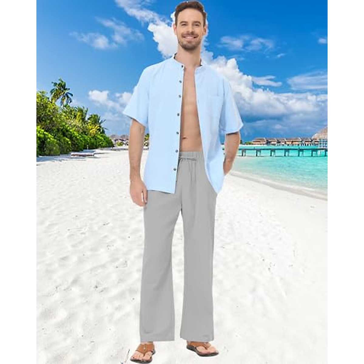 YAOBAOLE Mens Lounge Pants Lightweight Baggy Linen Pants Elastic Waistband Light Grey M