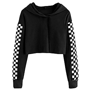 Imily Bela Kids Crop Tops Girls Hoodies Cute Plaid Long Sleeve Fashion Sweatshirts Black