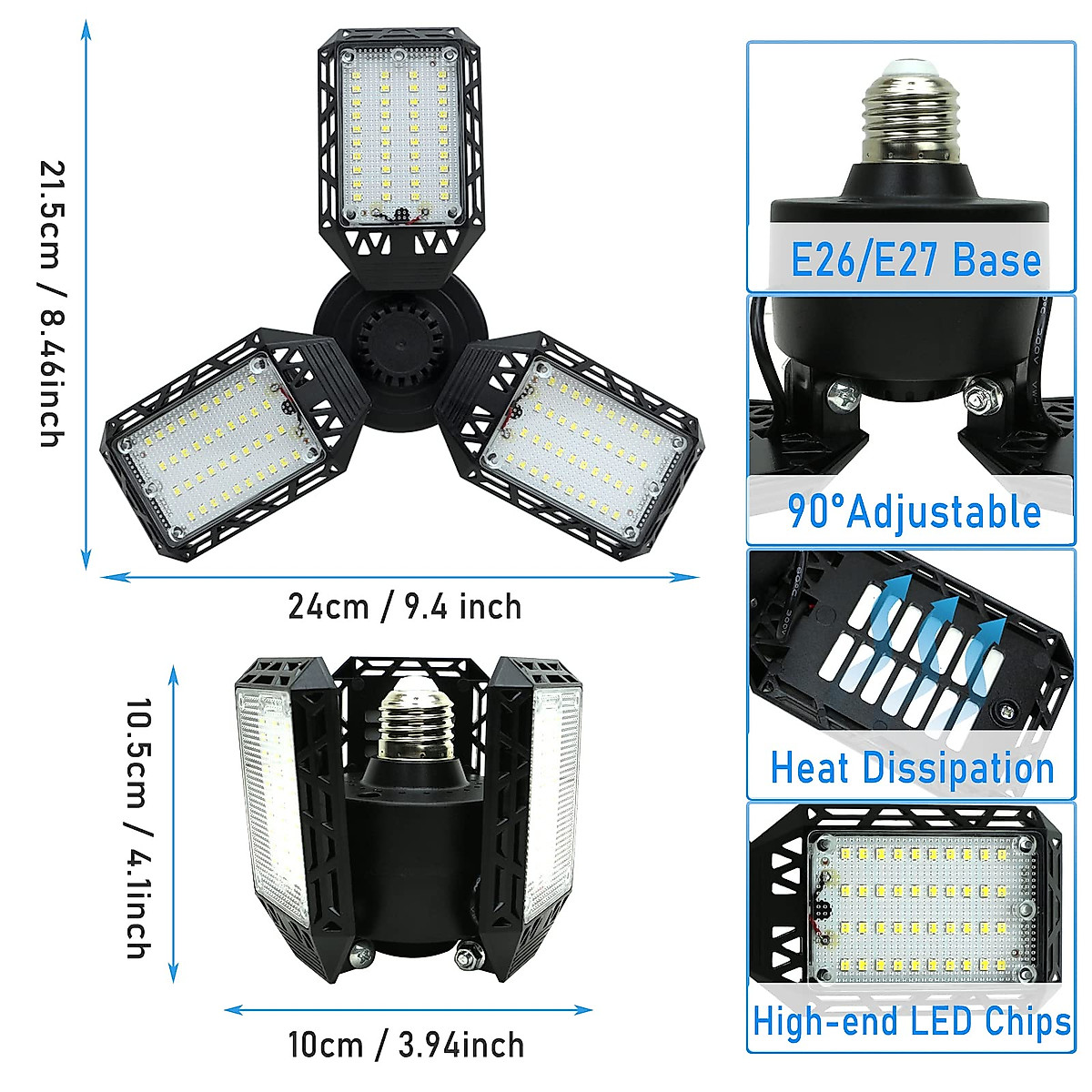 QiyuanLS LED Garage Lights 2Pack, 60W 6000LM Garage Light, LED Garage Ceiling Lights with 5 Adjustable Panels, 6500K Garage Lights Ceiling LED Shop Light Bulb for Garage Basement Office Workshop