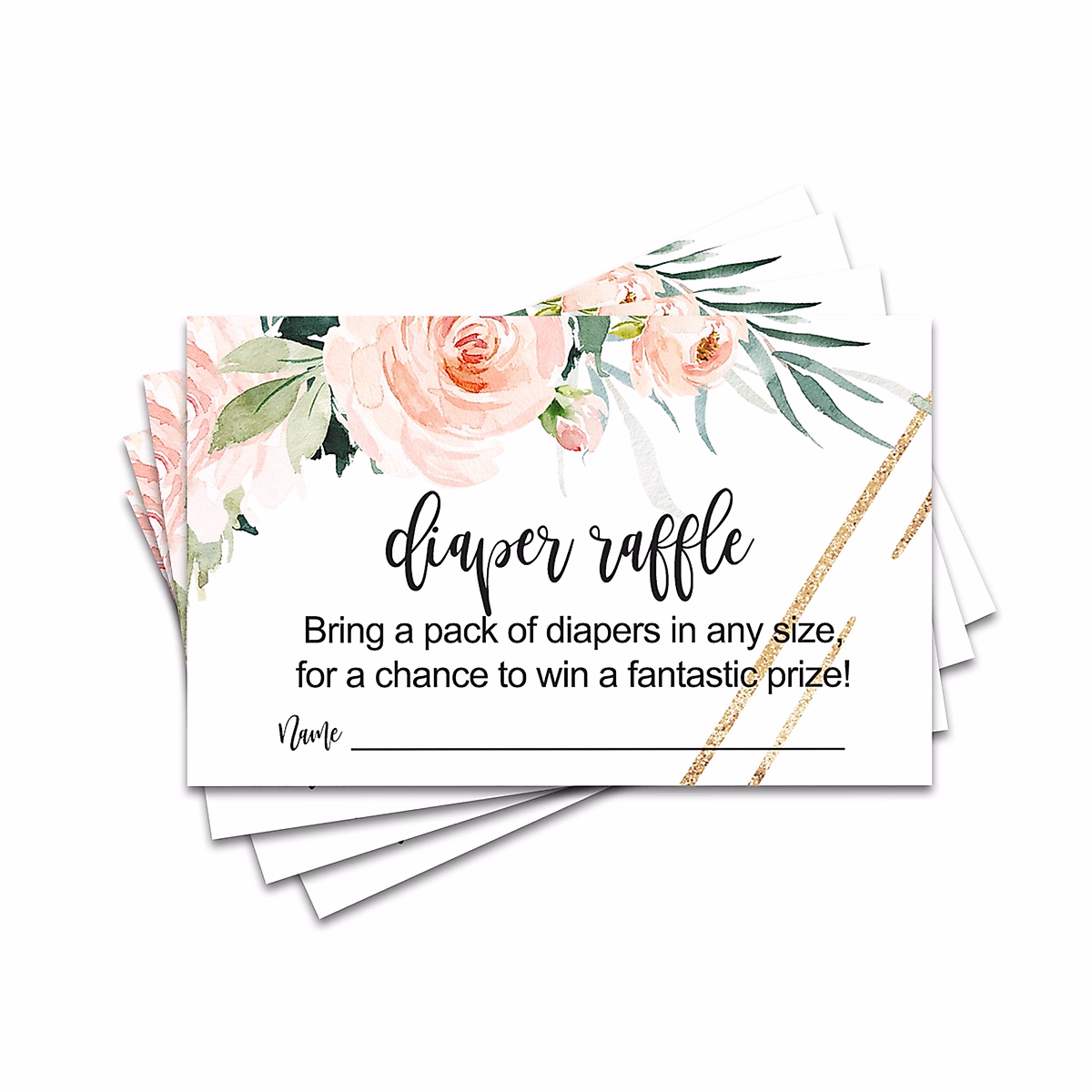 Graceful Floral Diaper Raffle Tickets, Rustic Baby Shower Games for Prizes, Girls Baby Shower Diaper Raffle Invitation Insert Cards Pink and Gold, 50 Pack