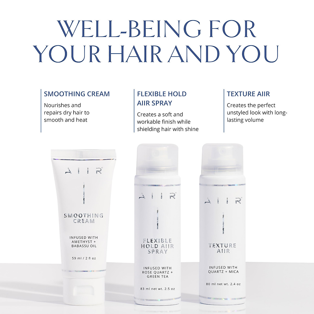 AIIR Professional Travel Size Haircare Bundle - Texture Spray, Smoothing Cream, Flexible Hold Hairspray & Travel Bag, Vegan Hair Care Infused with Crystals, Clean Beauty