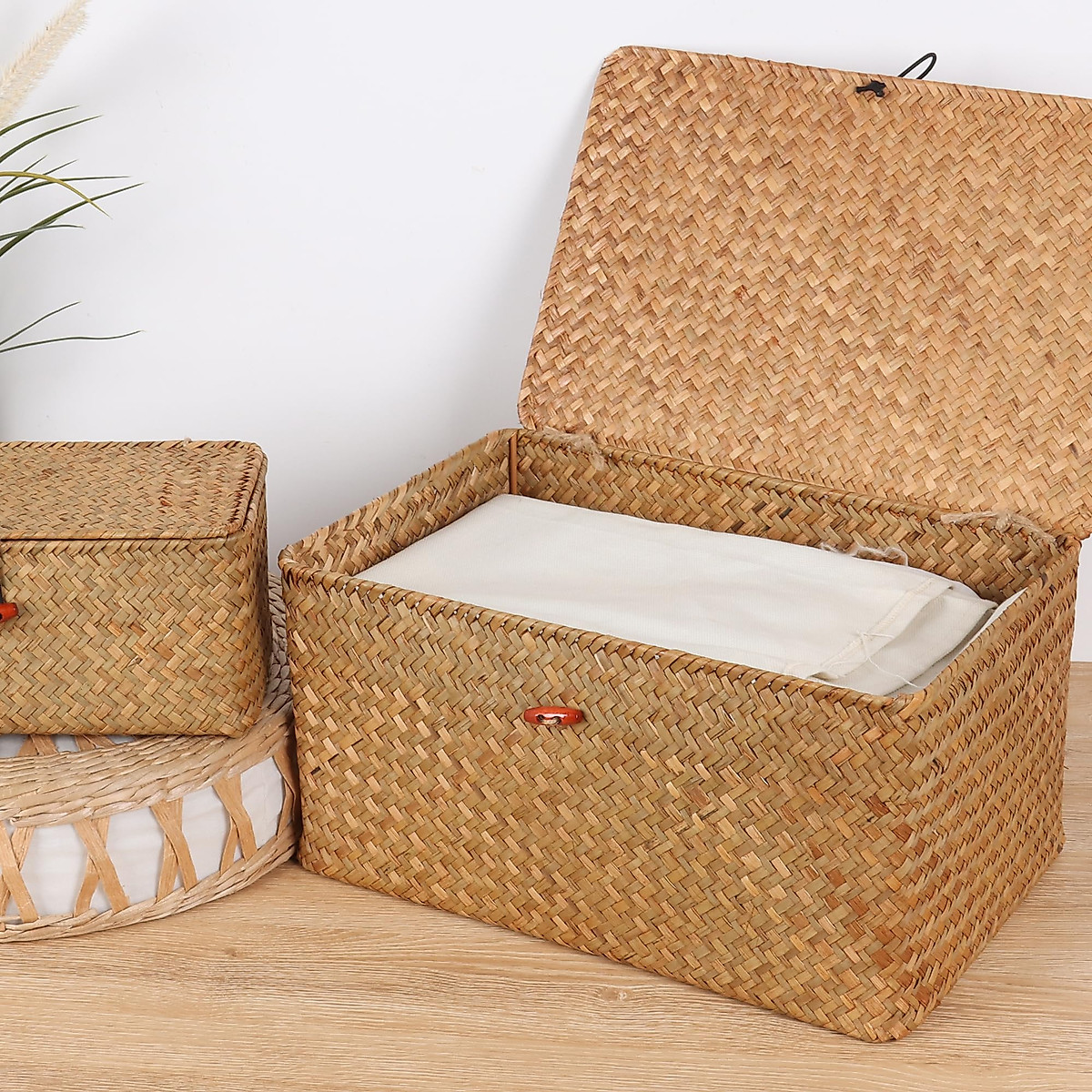 Moosky Wicker Shelf Baskets with Lid,Natural Seagrass Storage Basket Boxes Handwoven Rectangular Baskets Bins Multipurpose Home Organizer Decor (Large)