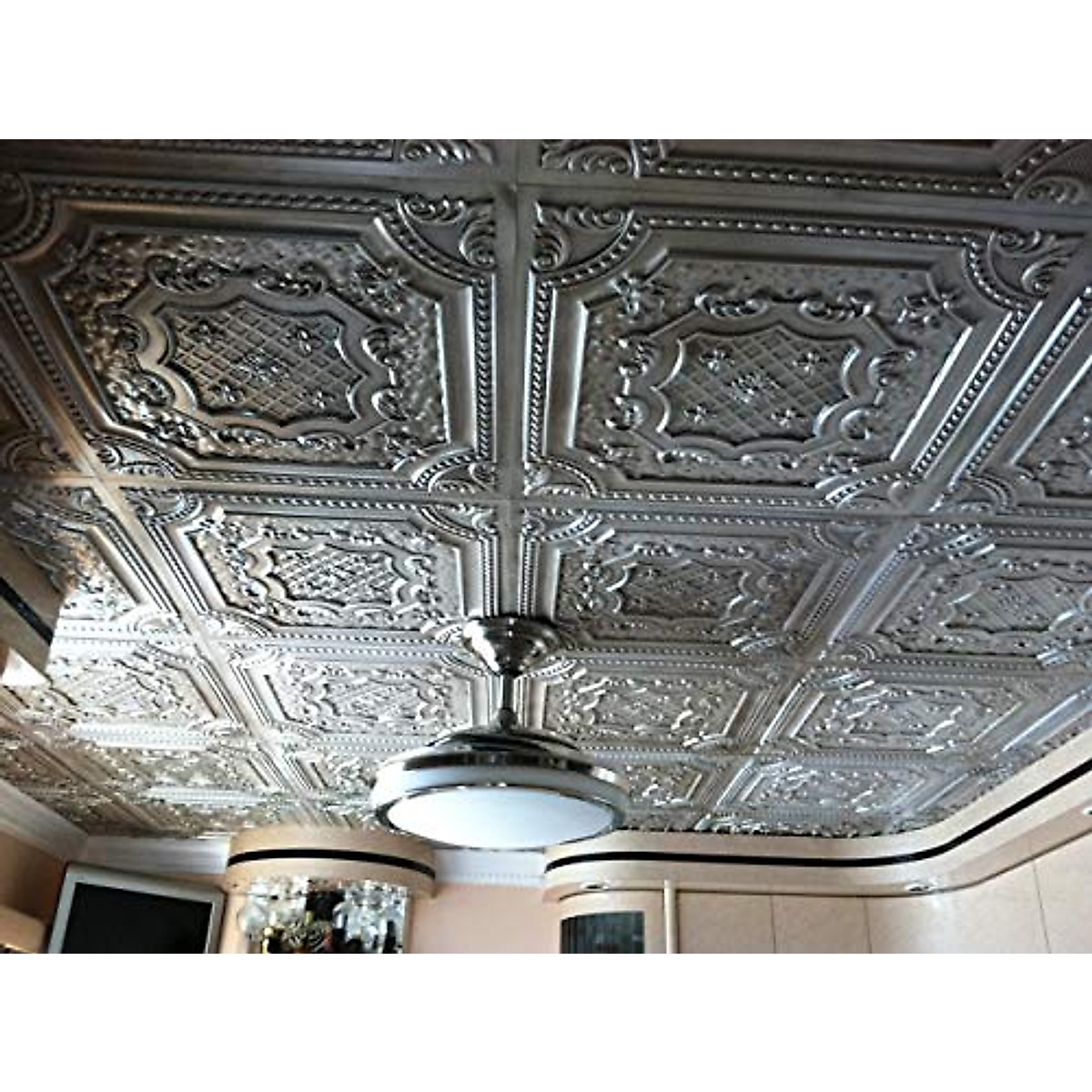 Faux Tin Glue up Drop in Ceiling Tile #TD04 Antique Silver. Pack of 10 2'X2' tiles covers 40 sq.ft. Easy to install PVC panels, great for DIY projects - antique vintage look ceiling, 3D wall paneling