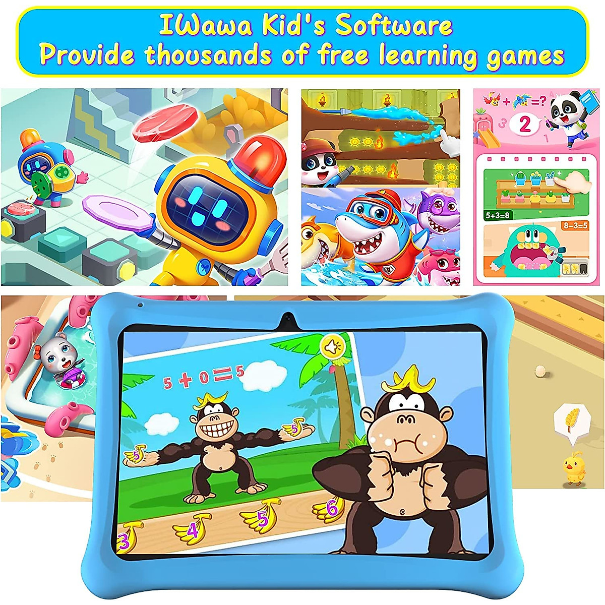 SGIN Kids Tablet, 10 Inch 2GB+64GB Tablet for Kids, Android 12 Kids Tablets with Case, WiFi, Dual Camera, Parental Control APP, Educational Games，iWawa Pre Installed (Blue)