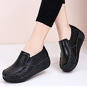SoraBra Women's Slip on Platform Wedge Sneakers,Casual Cozy Cutout Leather Flat Loafers Wide Orthopaedic Walking Shoes (10,Black)
