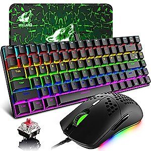 Gaming Keyboard and Mouse with Mechanical Red Switch Rainbow Backlit Wired Type-C 84 Keys Anti-ghosting,RGB 12000 DPI Lightweight Honeycomb Shell Gaming Mouse,Large Mouse Pad for PC Gamers(Black)