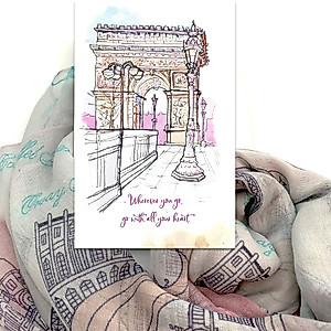 Smiling Wisdom - Wherever You Go, Go With All Your Heart Greeting Card & Paris Scarf Gift Set - Beginnings Goodbye Retirement Journey - Women Grey Peach White (Paris)